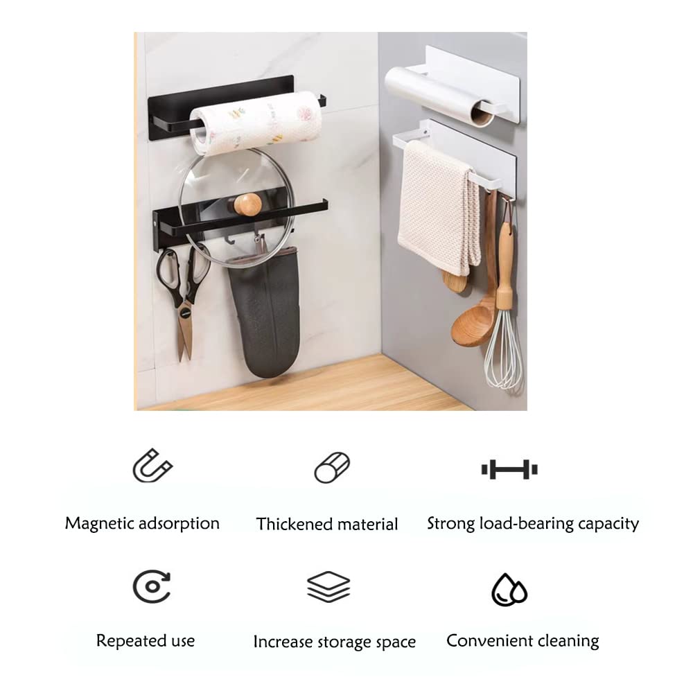 Magnetic Paper Towel Holder for Refrigerator with 5 Hooks, Retractable Kitchen Towel Rack with Strong Magnet,Black Magnetic Towel Holder for Refrigerator,Grill,Kitchen,Fridge,Garage