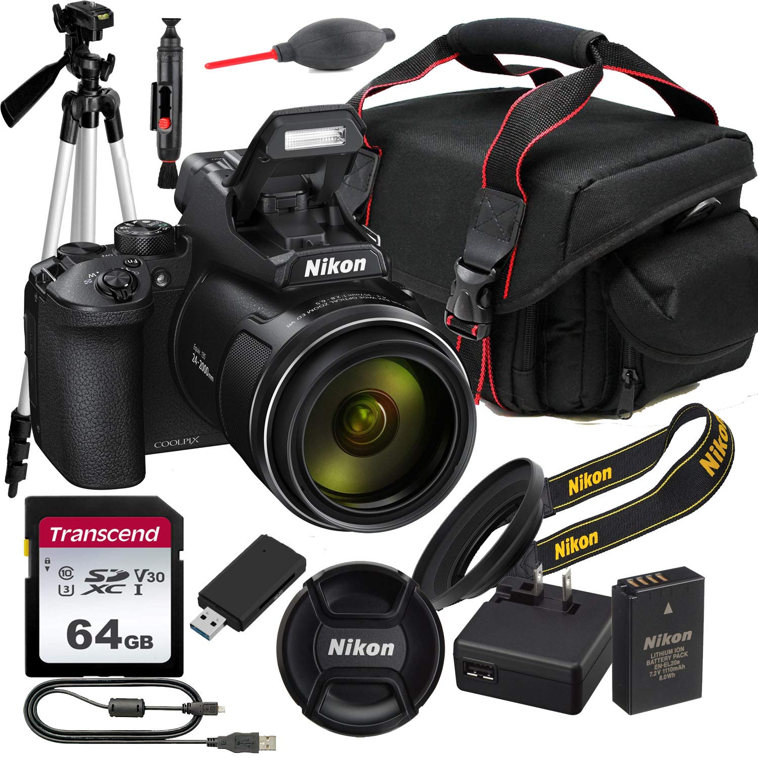 Nikon COOLPIX P950 Digital Camera w/NIKKOR 83x Optical Zoom Lens, 64GB Transcend SD Memory Card, Tripod, Bag, Lens Blower/Cleaner and More