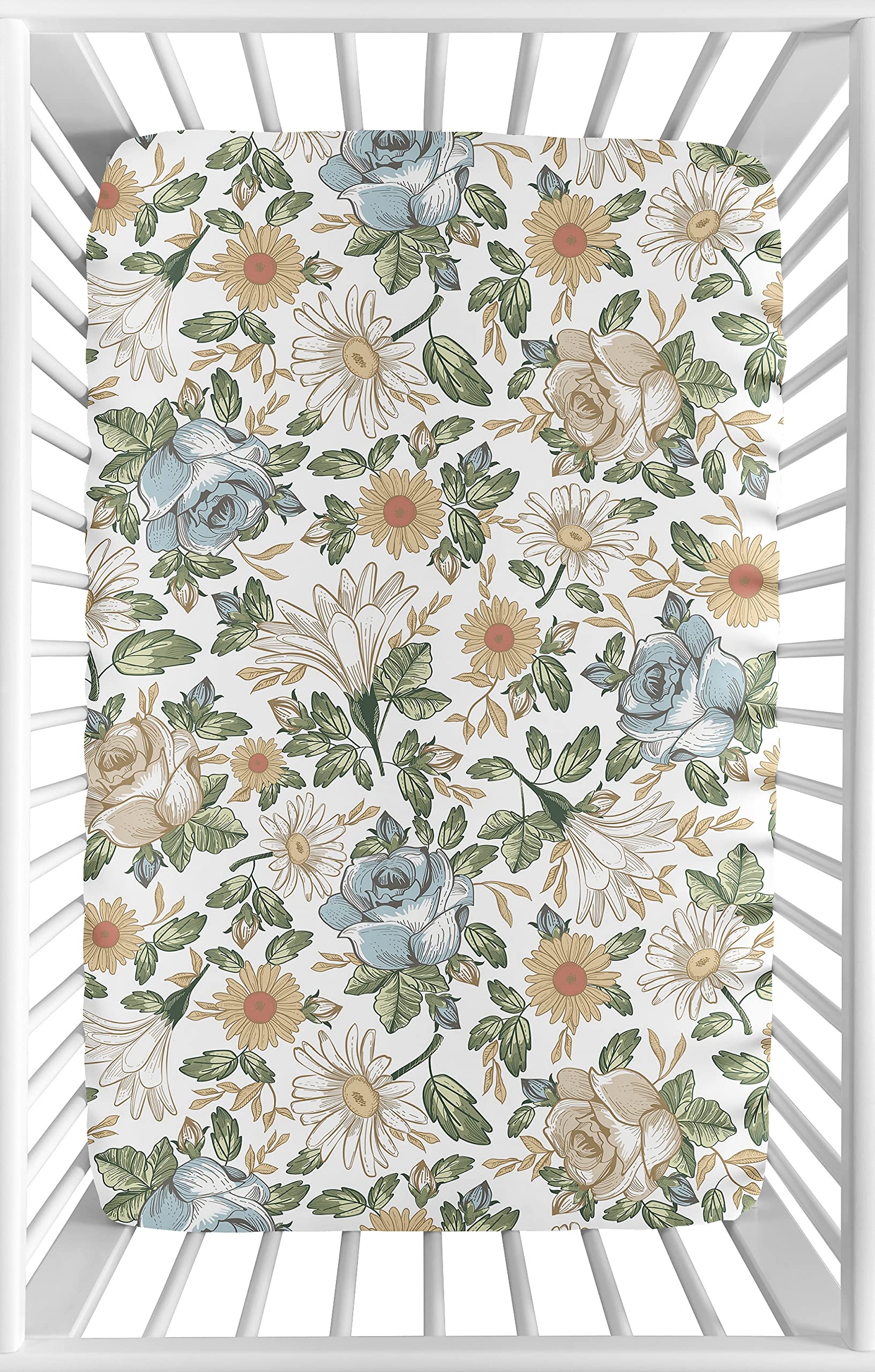 Sweet Jojo Designs Vintage Floral Blue Yellow Girl Fitted Mini Crib Sheet Baby Nursery for Portable Crib - Slate Green Gold Orange Taupe Beige Shabby Chic Rose Flower Boho Bohemian Farmhouse Roses
