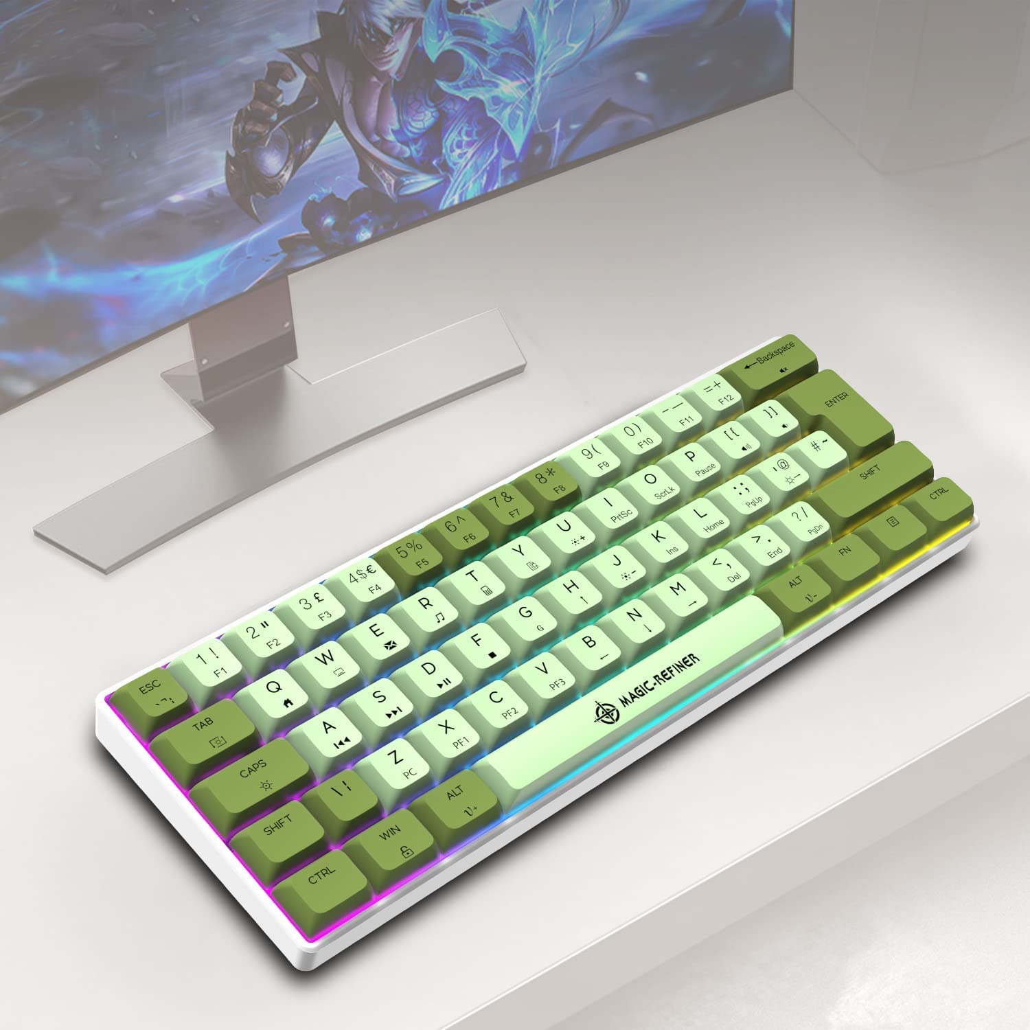 Small Mechanical Gaming Keyboard Type-c Wired with PBT Dye-subbed Keycaps Rainbow RGB Backlit 60% Layout Full Anti-Ghosting 62 Key Ergonomic for Typist Laptop PC Mac Gamer (Green Mix/Red Switch)