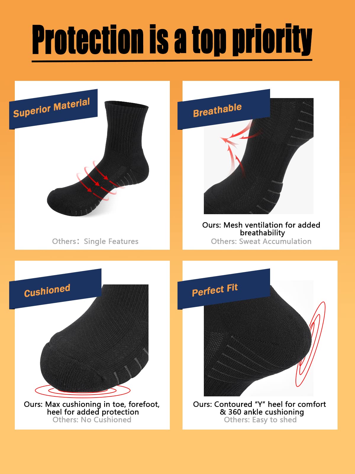 Men's Athletic Running Crew (Quarter) Cushioned Socks for Men Sports Workout or Training 6-Pair