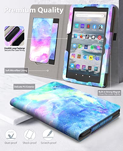 TiMOVO Case Fits All-New Kindle Fire 7 Tablet (7", 12th Generation, 2022 Release), PU Leather Protective Cover with Hand Strap Card Slot, Auto Wake/Sleep, Vertical Horizontal Stand, Dreamy Nebula