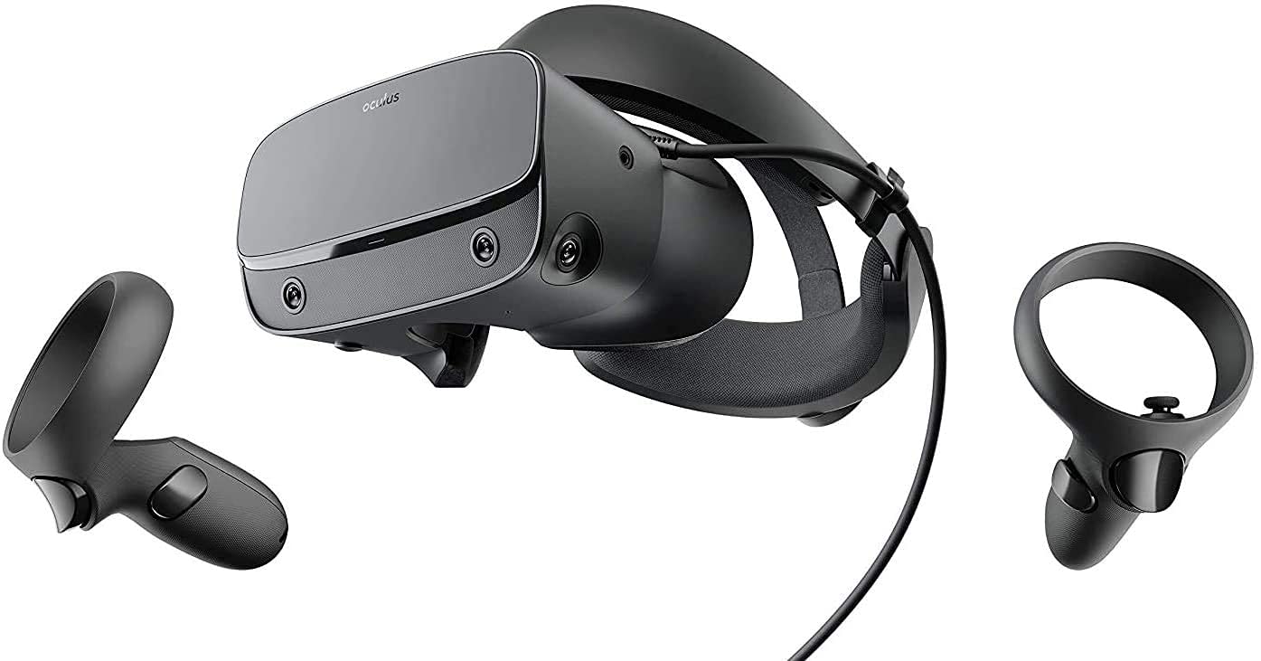 Oculus - Rift S PC-Powered VR Gaming Headset Two Touch Controller, 3D Positional Audio, Insight Tracking, Adjustable Halo Headband Bundle with TWE Cleaning Cloth & USB Extension (Renewed), black