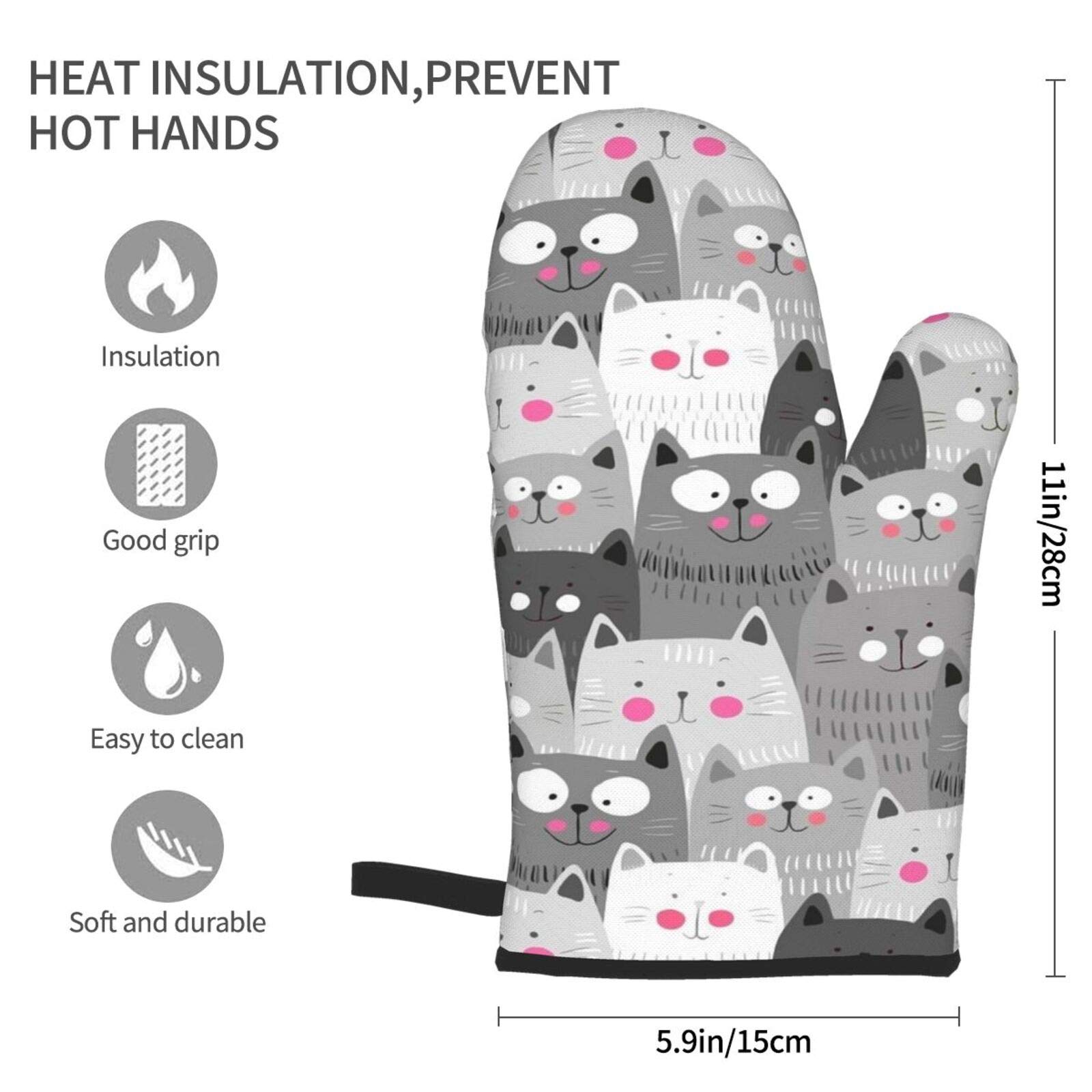 Ouqiuwa Hipster Cartoon Cute Cat Kitten Gray Oven Mitt/Glove for Easy Gripping Set of 2 Kitchen Accessories