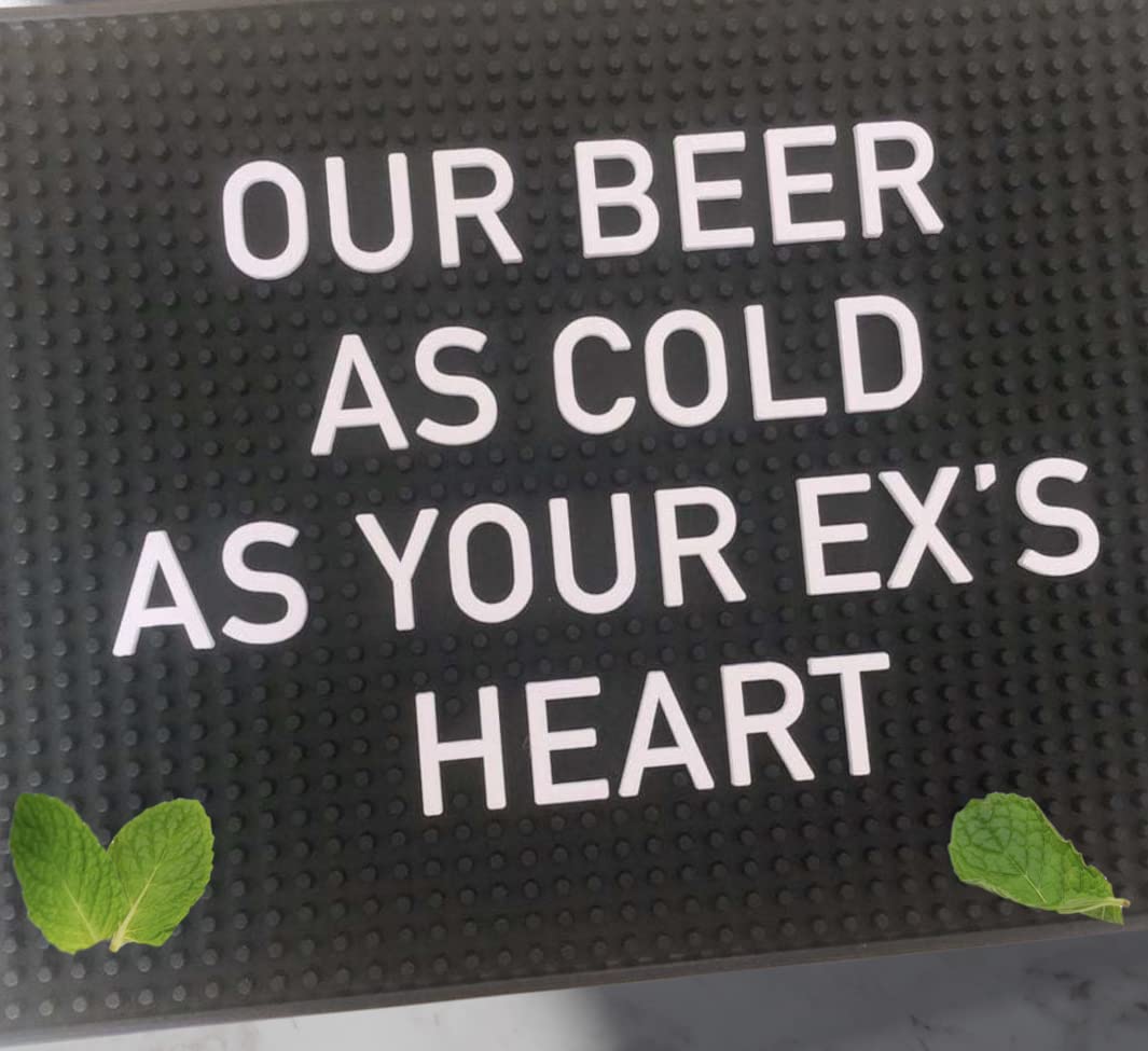 Our Beer As Cold As Your Ex's Heart 17.7" x 11.8" Funny Bar Spill Mat Rail Countertop Accessory Home Pub Decor Slip Resistant Bar Covering for Craft Brewery Kitchen Cafe Restaurant