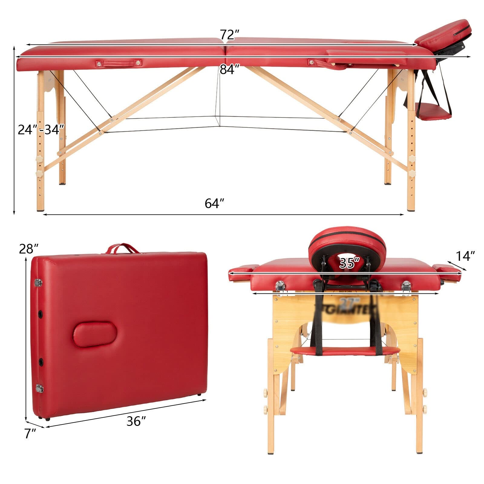 ZHYH 84" L Portable Massage Table Adjustable Spa Bed Tattoo w/Carry Case Red