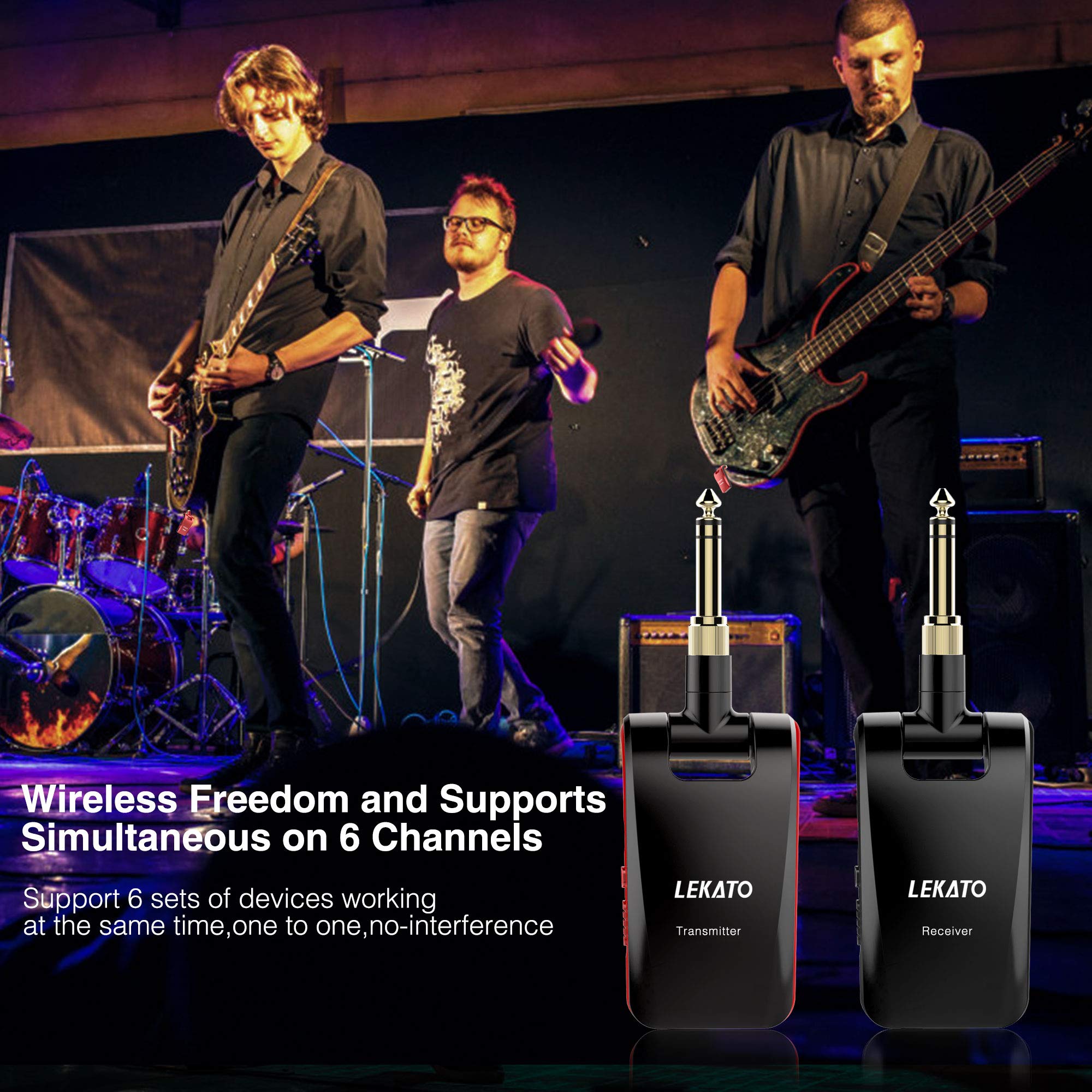 LEKATO Wireless Guitar System 2.4GHz Rechargeable Audio Wireless Transmitter Receiver 6 Channels for Guitar Bass Electric Instruments, Stereo and Mono 1/4โ & 1/8โ 2 in 1 Plugs,Black(WS-60)
