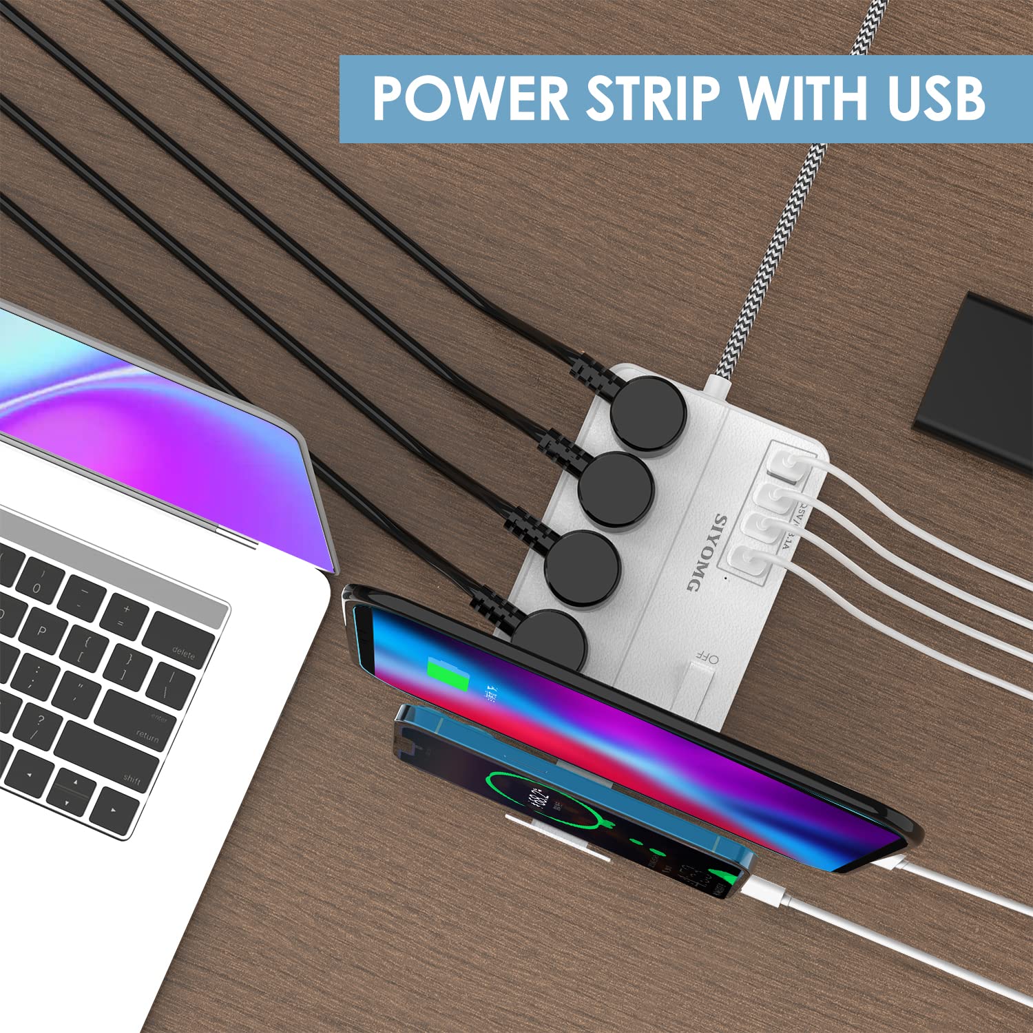 SIYOMG Power Strip, 5 FT Braided Extension Cord with Flat Plug, 4 Widely AC Outlets and 4 USB Ports, Charging Station for Dorm Home Office Travel, White