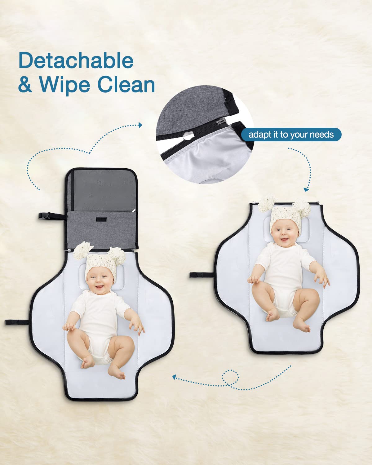 Lekebaby Diaper Changing Pad Portable Changing Pad Baby Change Mat Waterproof with Built-in Head Cushion, Grey with Arrow Print
