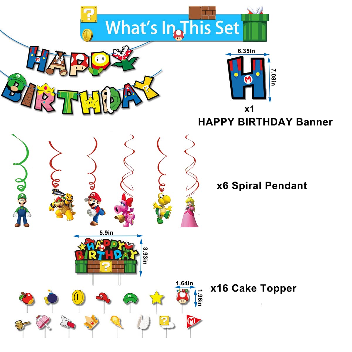 Mario Birthday Party Supplies Decorations Mario Backdrop Banner Cake Topper Balloons for Mario Birthday Party Favors