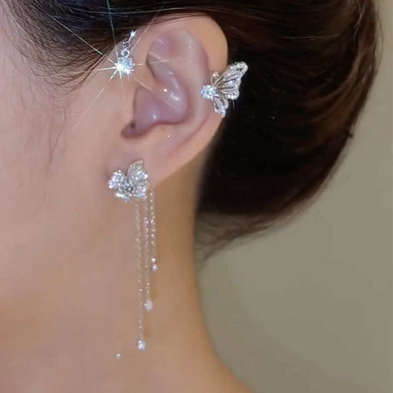 New Silver Trendy Crystal Diamond Flower Clip On Earrings No Piercing Cuffs iced Out Zircon Cz Tassel Butterfly Ear Cuff Earring