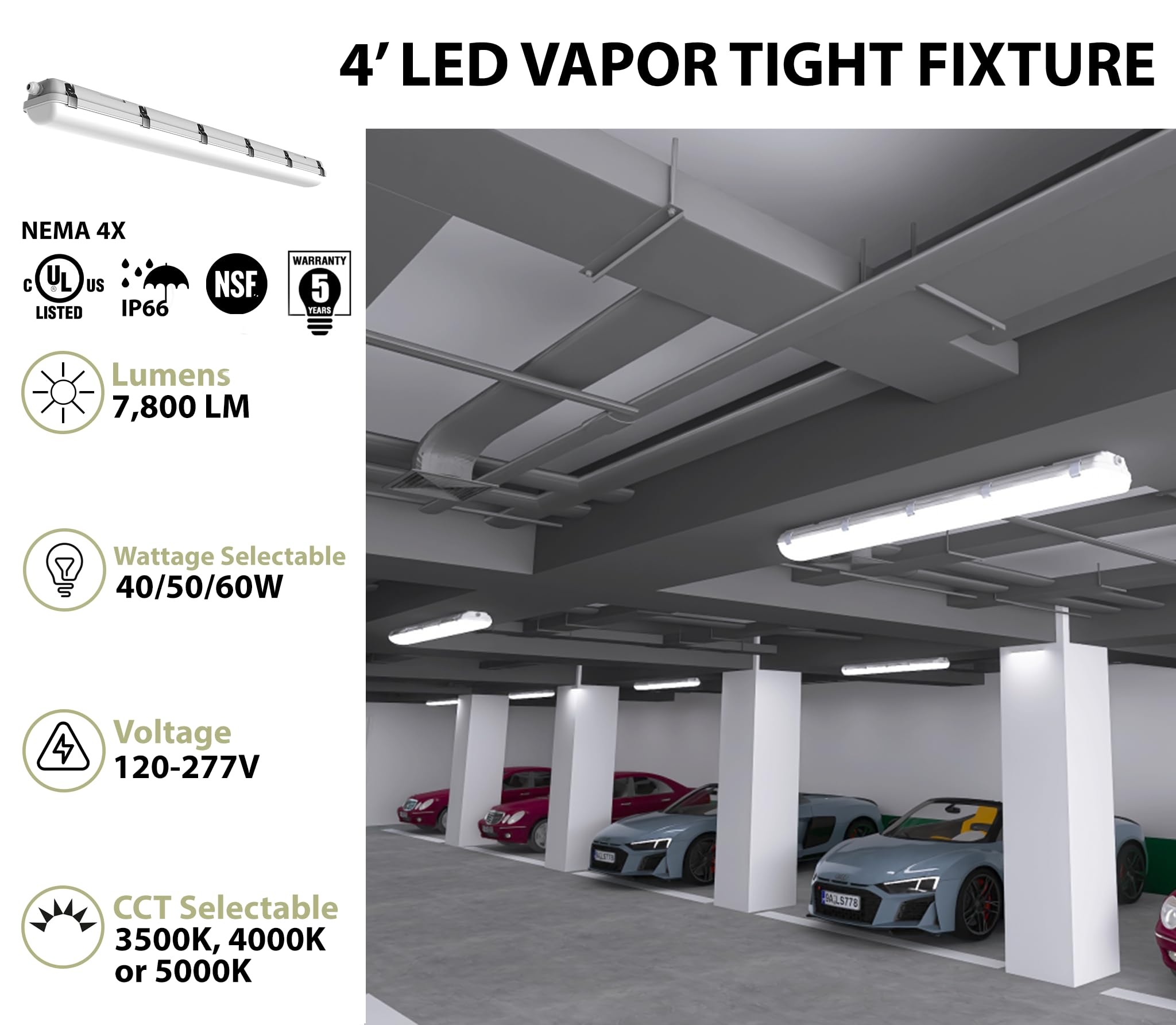 WareLight 4FT LED Vapor Tight Fixture, 7800 Lumen Max, CCT and Wattage Selectable, 120-277V