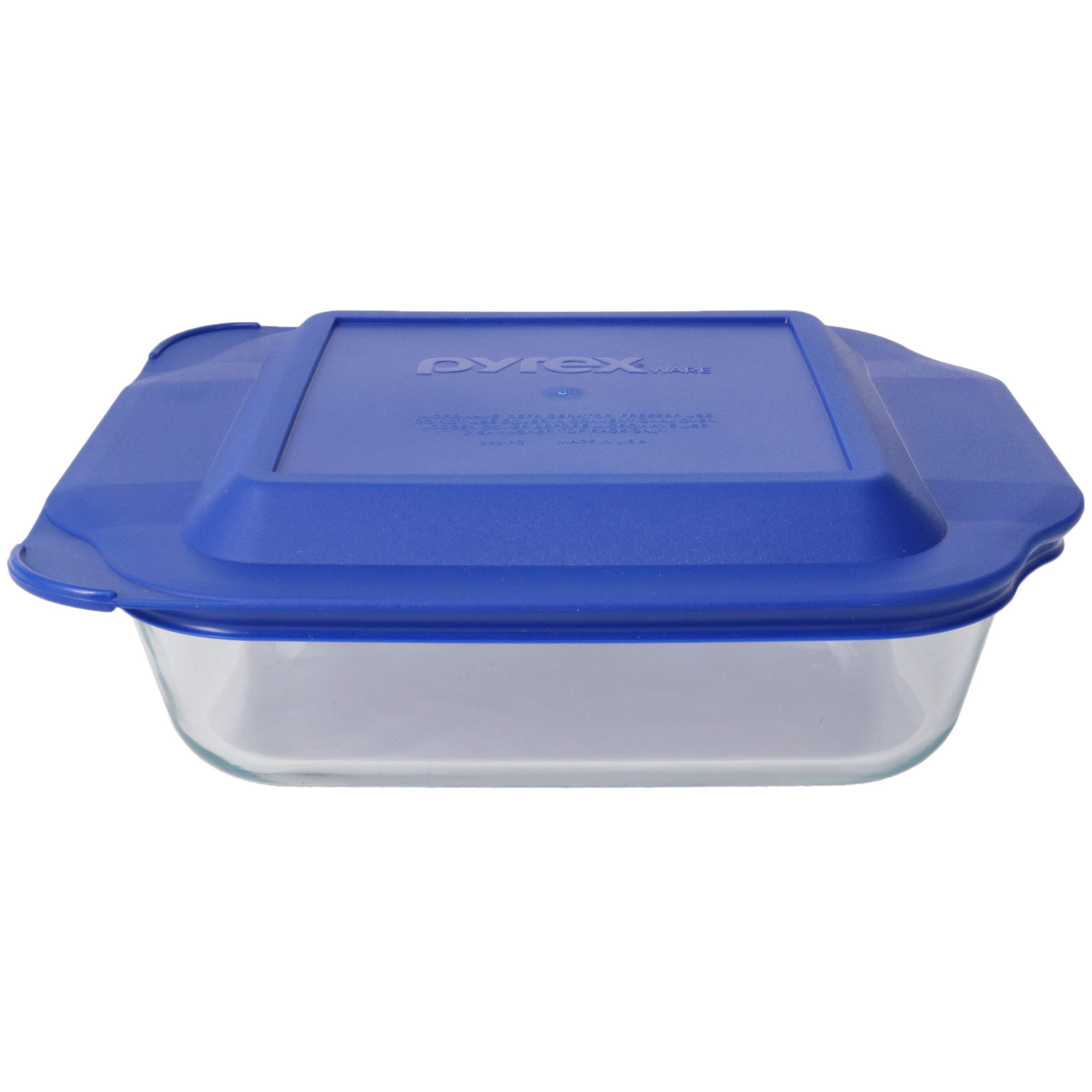 Pyrex Bundle - 4 Items: (1) 222 2qt Glass dish with (1) 222-PC 2qt Blue Lid & (1) 233 3qt Glass Dish with (1) 233-PC 3qt Blue Lid Made in the USA