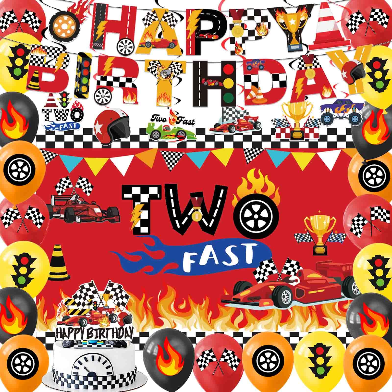 MQZQP Two Fast Birthday Decorations with Backdrop Banner Cake Topper Hanging Swirl Decorations & Balloons