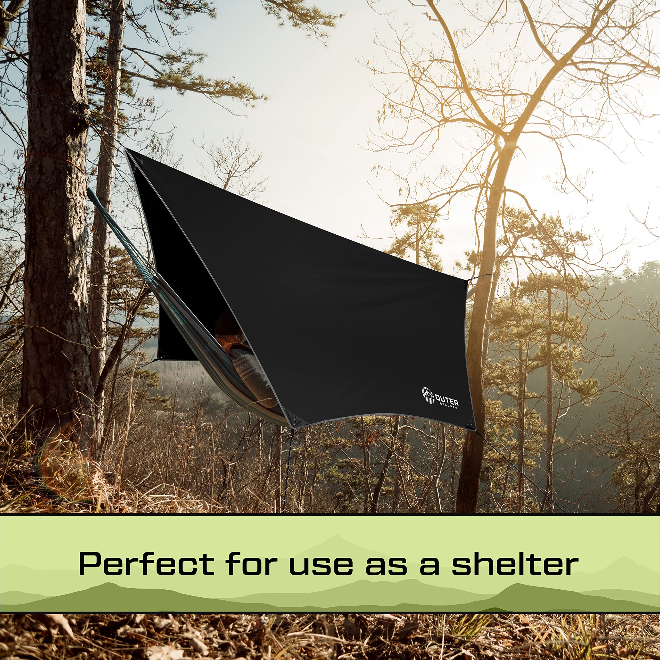 Outer Reaches Camping Tent Tarp - Must Have Hammock Rain Fly for Camping - Heavy Duty Waterproof Hammock Tarp - Improved Quick Setup with Included Stakes and Carry Bag