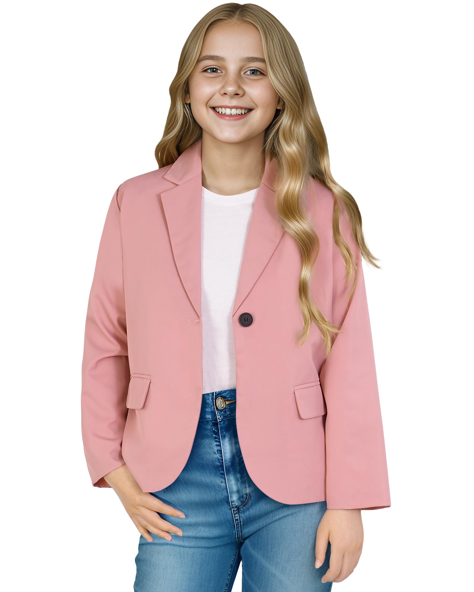KEREDA Girls Casual Blazers Long Sleeve Open Front Button Lightweight Blazers with Pockets Pink 9-10 Years