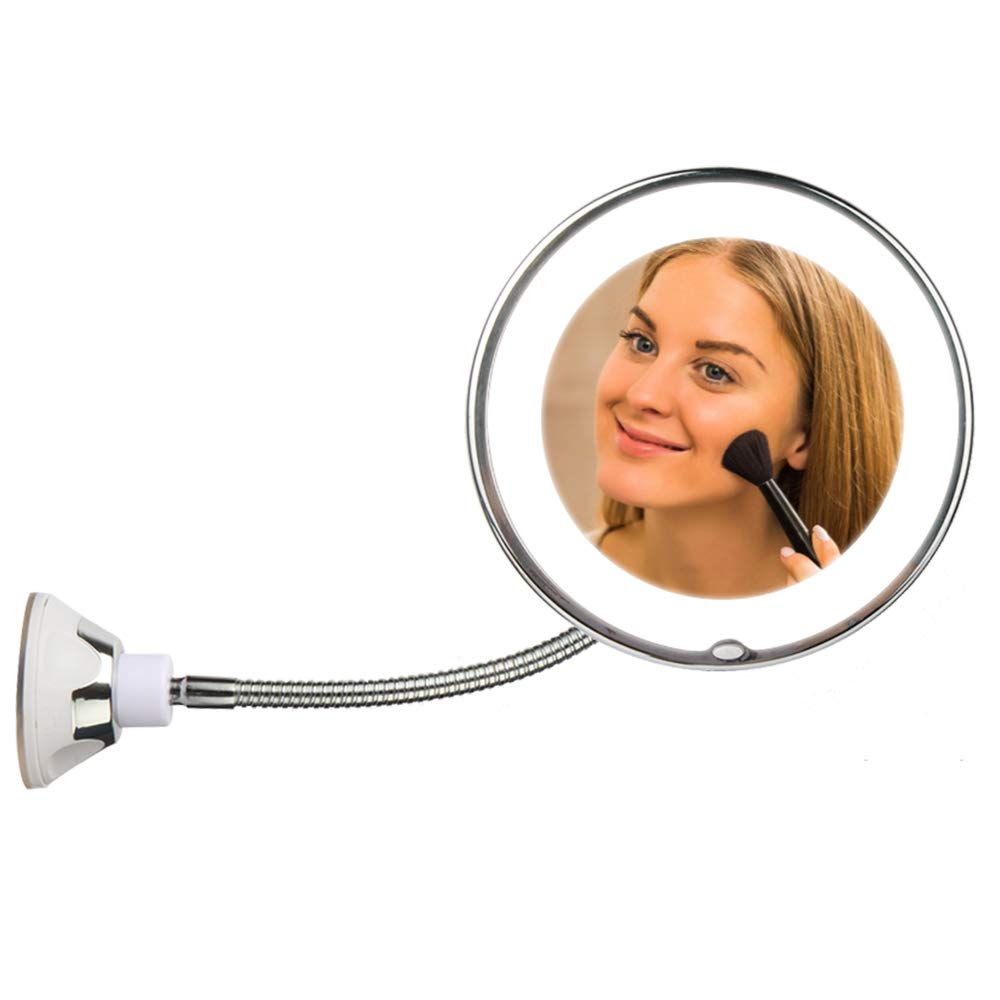 Magnifying Makeup Mirror Flexible Gooseneck LED Lighted with with Strong Suction Cup, Bright Diffused Light and 360 Degree Rotation Portable Cordless for Travel and Home Round Shape Makeup Mirror