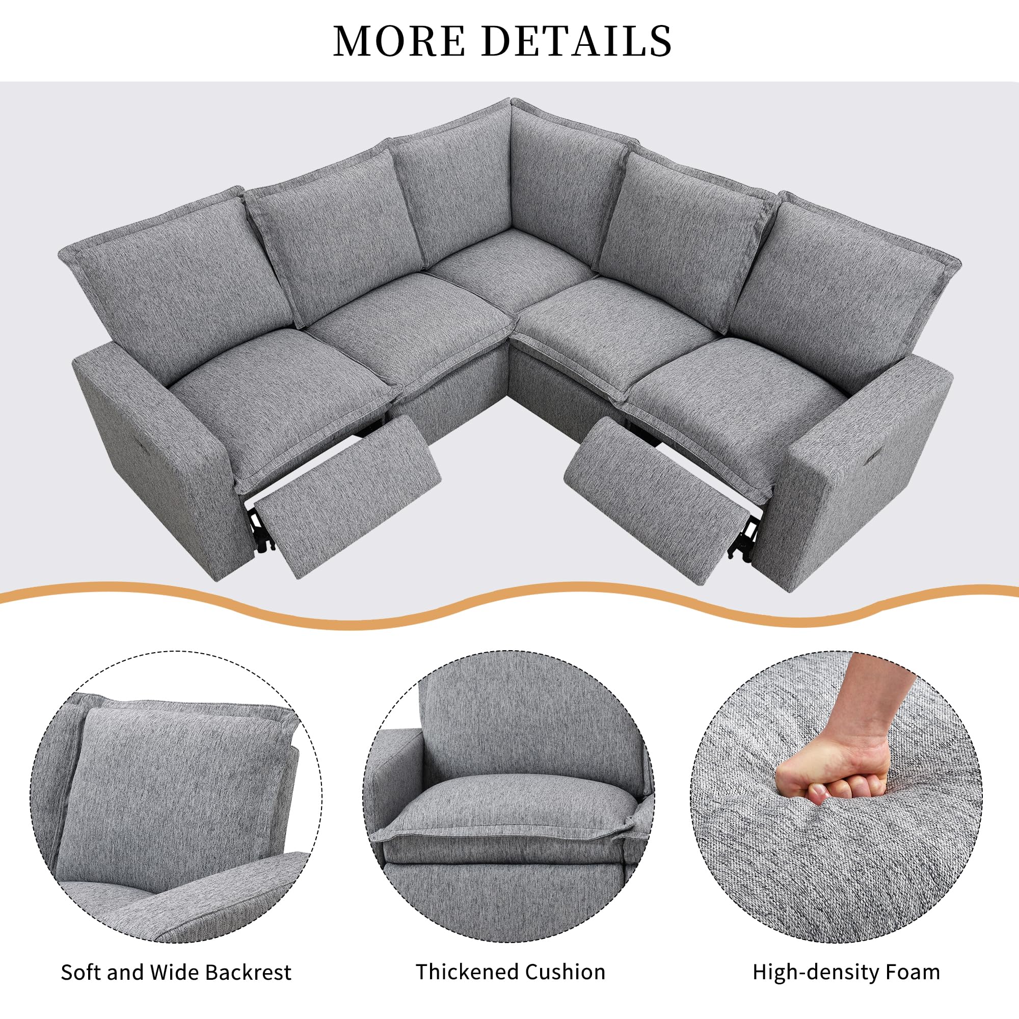 LyuHome 89.76" Power Recliner Sofa,Modern Sectional Sofa with USB Port for Living Room, Convertible L-Shaped Couch Bedroom, Theater room, Grey