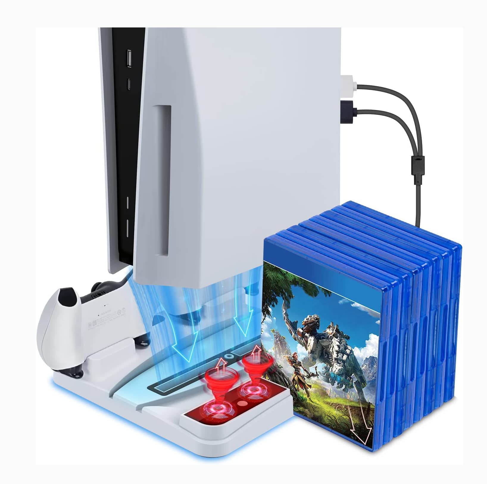 PS5 Stand with Cooling Fan and Dual Controller Charger Station for Playstation 5 UHD & DE, Playstation 5 Vertical Cooling Stand, with Charging Dock Station&8 Games Storage, 2 IN1 Cable Included, White