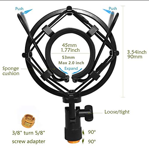Microphone Shock Mount with Pop Filter,Anti-Vibration Suspension Microphone Shock Mount Bonus Screw Adapter Mic Mount Holder Clip for Diameter 48mm-53mm (18.8 inch- 2.0inch) Microphone