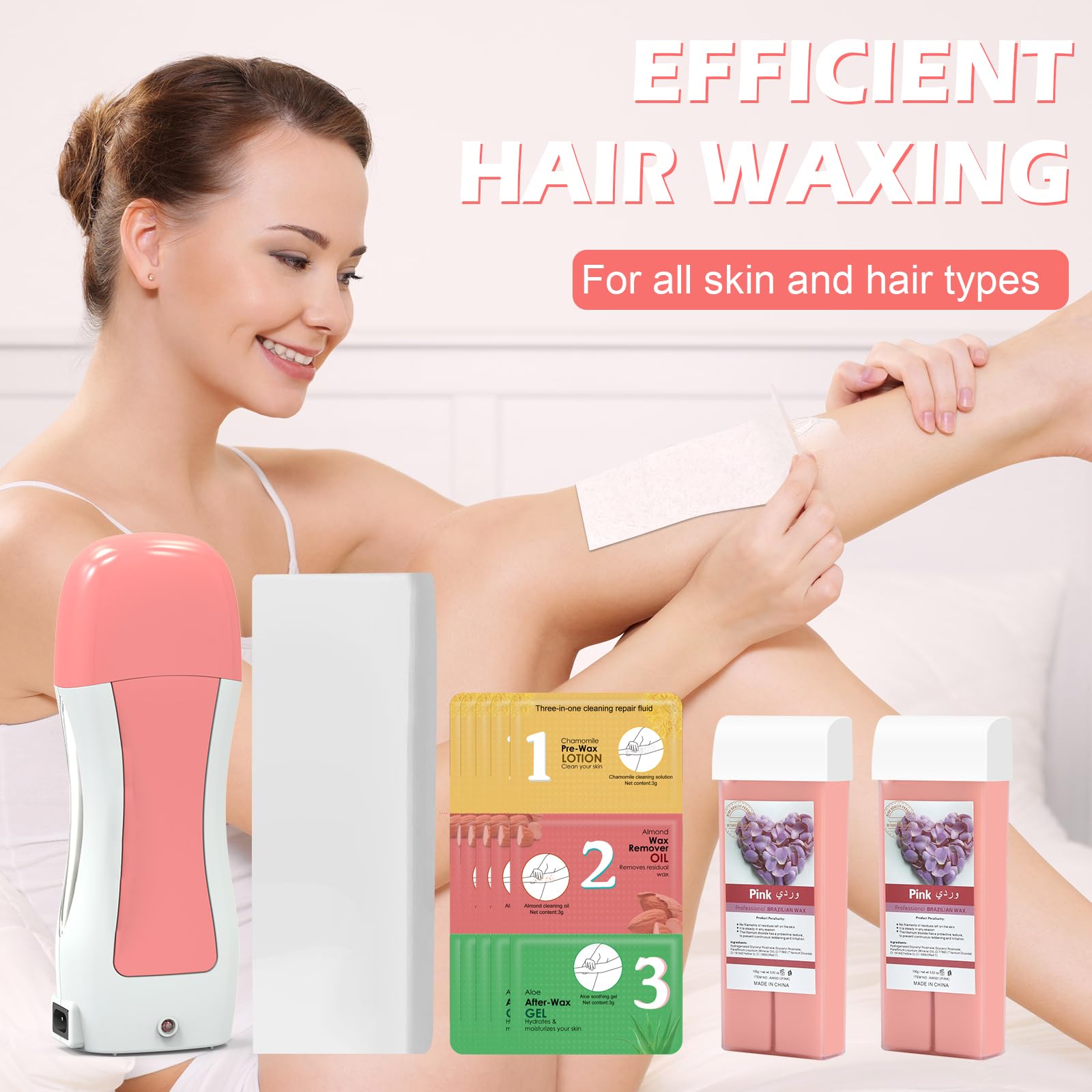 Seopri Waxing Kit for Women, Hair Removal Roll-on Wax with 2 Rose Soft Cartridges, 100 Strips, 10 Wipes