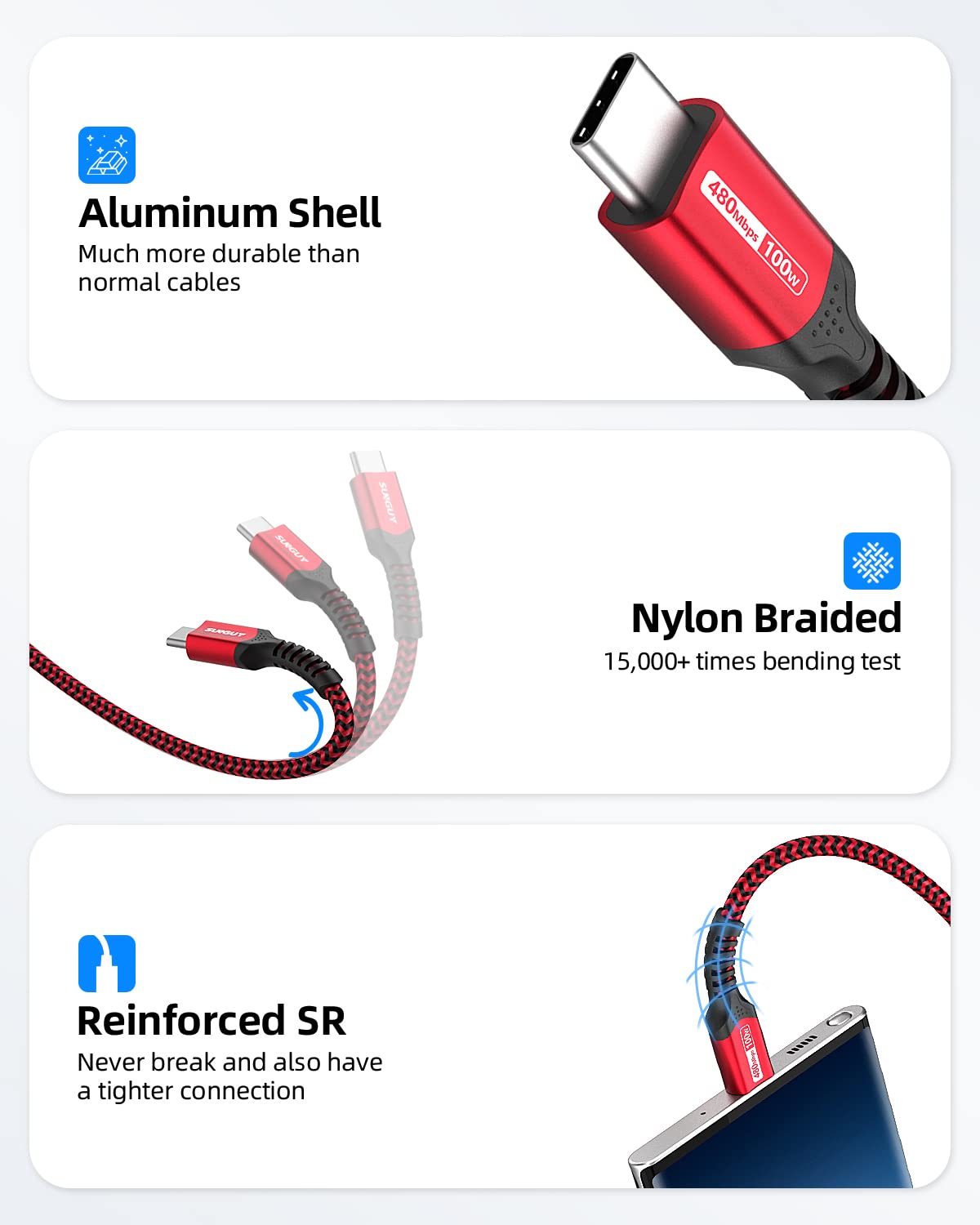 SUNGUY 100W USB C to C Cable 1.5FT, Braided USB 2.0 Type C to C Cable Fast Charging & Sync Compatible with Galaxy S23 S22 S21 Note 10, MacBook Pro 2021, iPad Pro 2020/Mini, Pixel 6 (Red)
