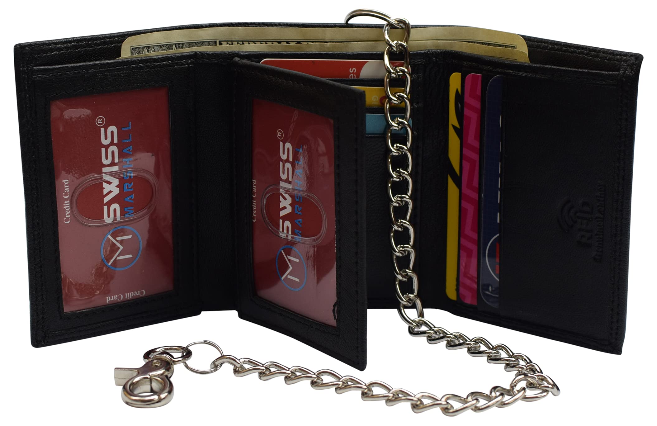 Men's RFID Blocking Premium Leather Chain Trifold Wallet (Black with Chain)