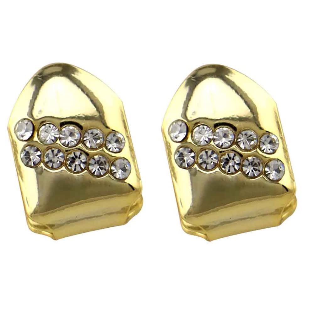 Psivika 2PC Gold Plated Diamond Single Grillz Cap for Your Teeth Grillz Men Women Hip Hop Jewelry Gift (Gold)