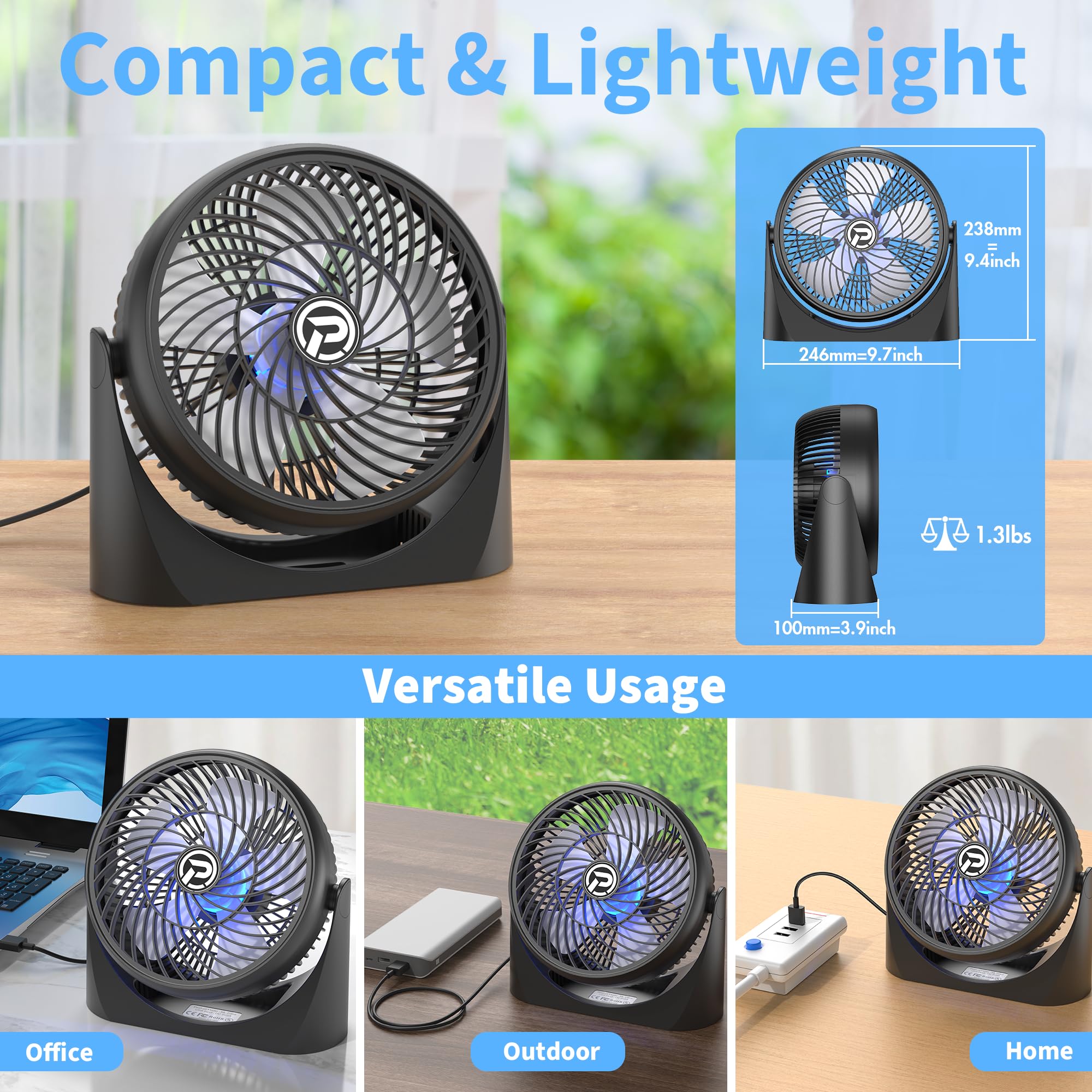 KITWLEMEN Table Fan with Remote, 8 inch Portable Desk Fan with 3 Speeds Strong Airflow, RGB Light, Quiet Operation and 360°Rotate for Bedroom Home Office