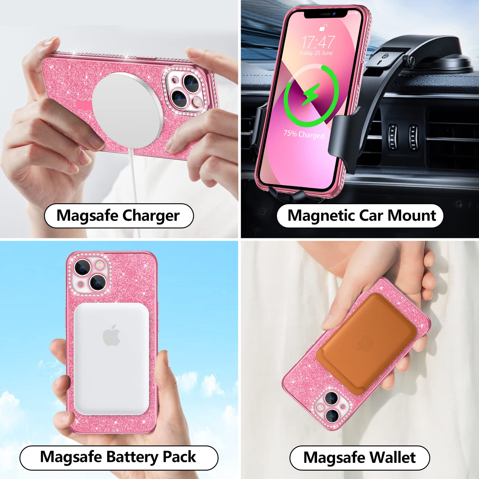 oleevee Glitter Magnetic Case for iPhone 13 Case, with Wrist Strap, Diamond Camera Cover, Sparkle Shockproof Protective iPhone 13 Case 6.1 inch for Women Girls, Pink