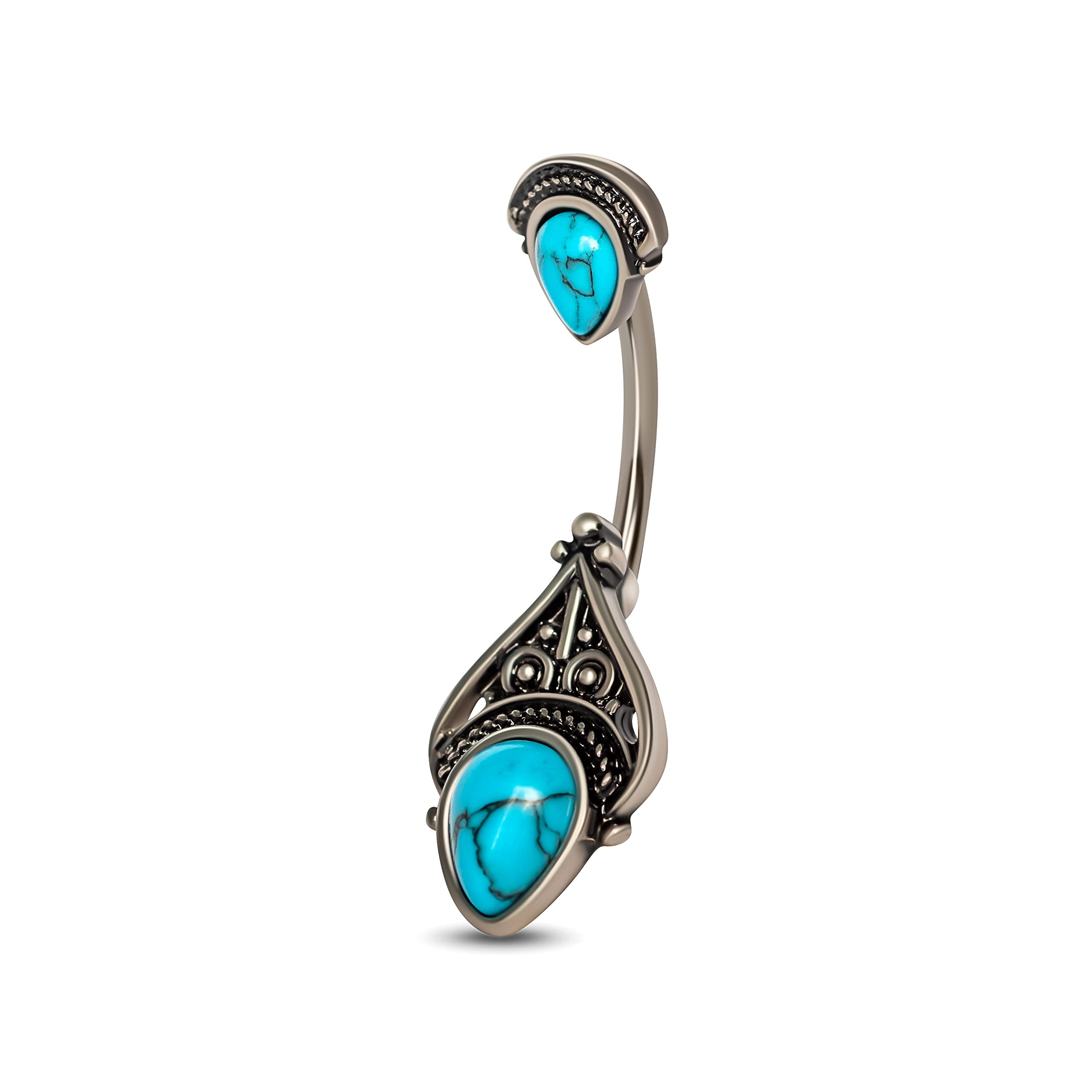 MoBody 14G Vintage Filigree with Semi Precious Stone Belly Button Ring Surgical Steel Curved Navel Barbell Body Piercing Jewelry (2 Pack Turquoise)