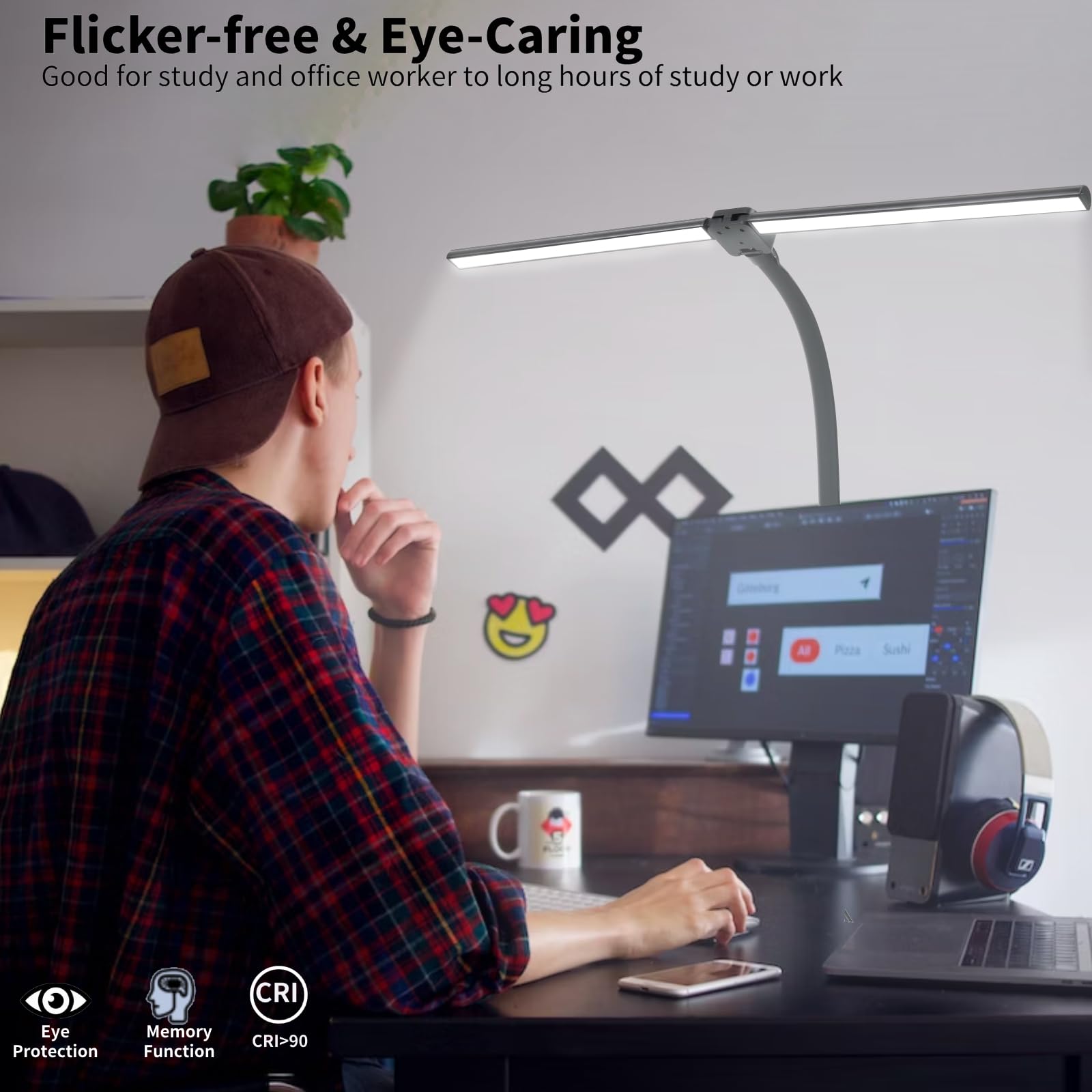 MYUANGO LED Desk Lamp for Home Office- 5 Color Temperatures and Stepless Dimming - Eye-Caring Table Lamp with Clamp- Flexible Gooseneck and Memory Function