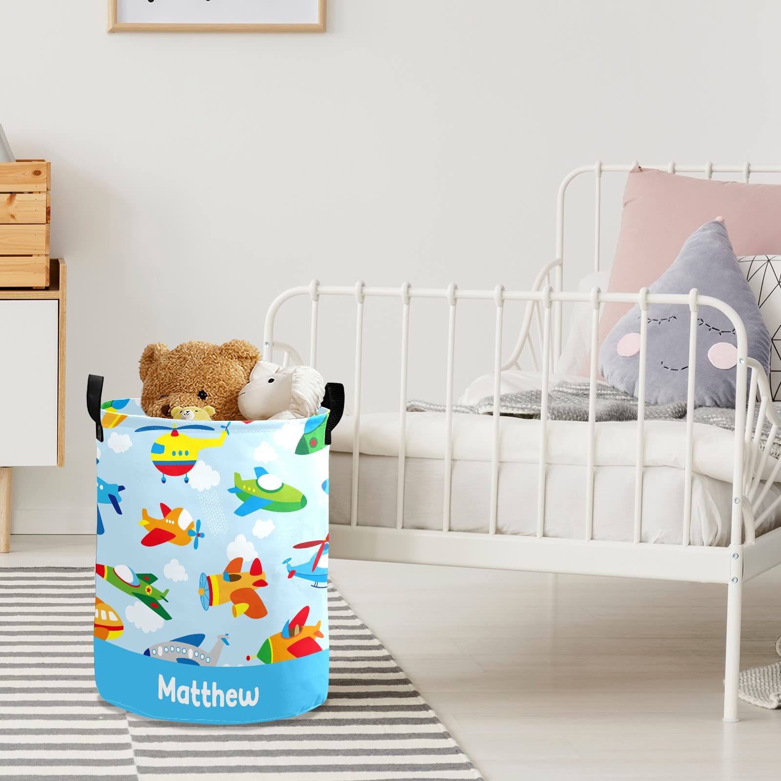 Personalized Laundry Basket Hamper,Airplane Blue Clouds,Collapsible Storage Baskets with Handles for Kids Room,Clothes, Nursery Decor
