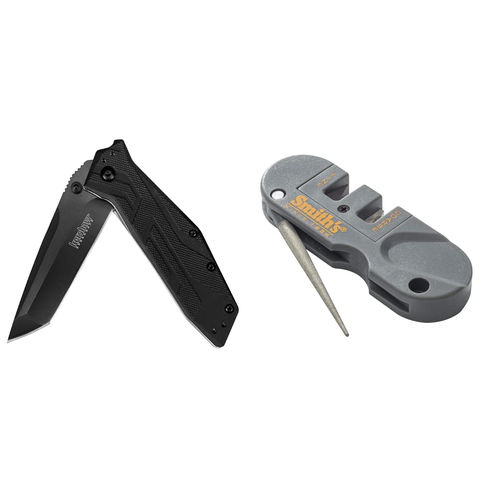 Kershaw Brawler Pocketknife, 3" 8Cr13MoV Steel Modified Tanto Blade & Smith’s PP1 Pocket Pal Knife Sharpener Preset Carbide & Ceramic Stone Sharpeners Fold-Out Diamond Coated Rod Outdoor Hunting Knife