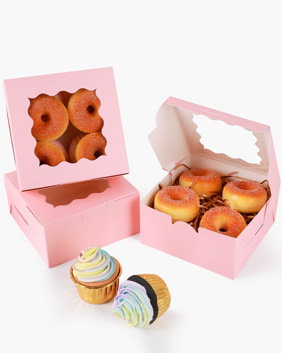 qiqee Pink Bakery Box with Window 60packs 6x6x3 Pink Cookie Boxes Pastry Box for Wedding Favor Birthday & Party