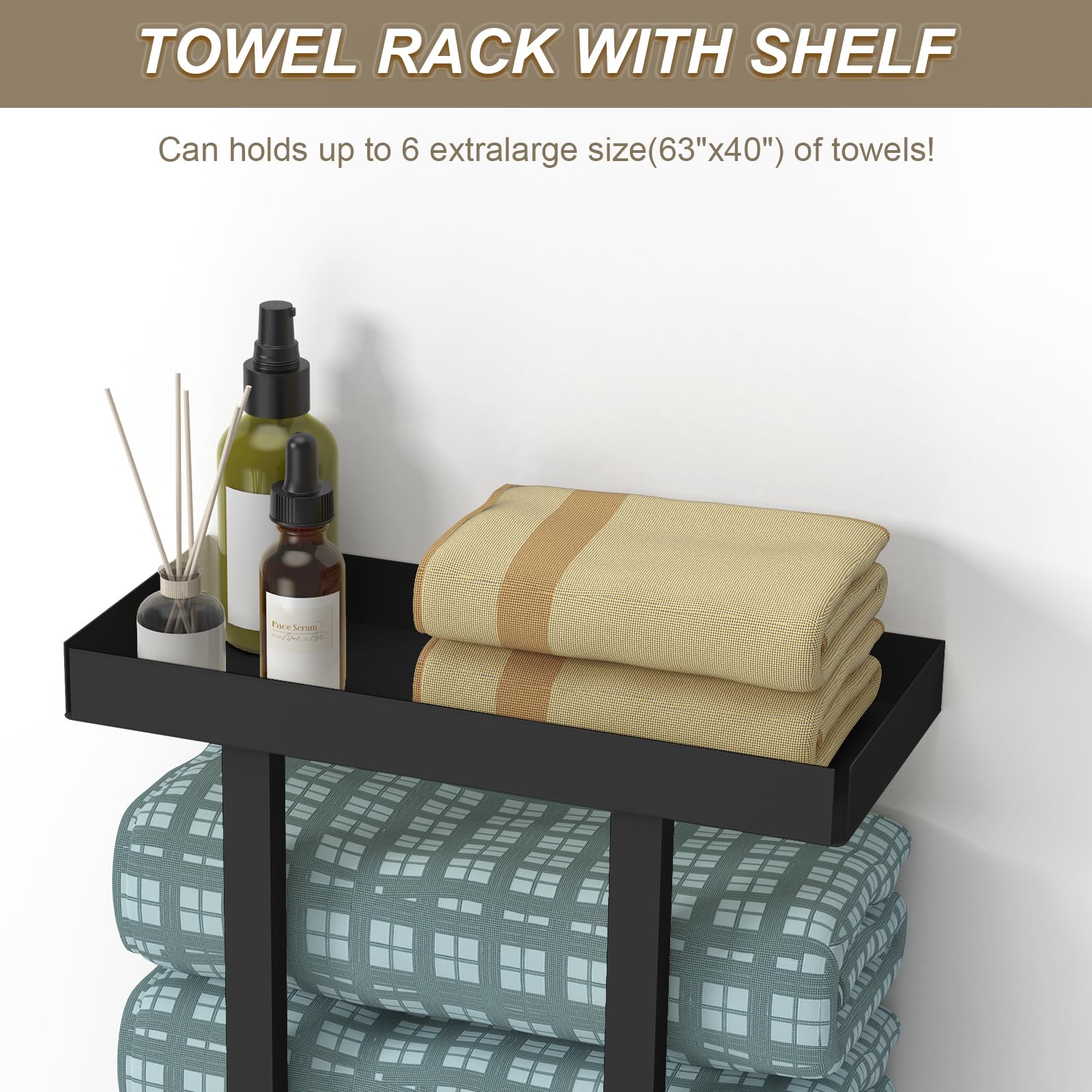 XWF Bathroom Towel Storage Rack,Wall Mounted Metal Bathroom Organizer,Wall Mounted Roll Towel Rack 30-Inch with Shelf for 6 Large Towels (Black)