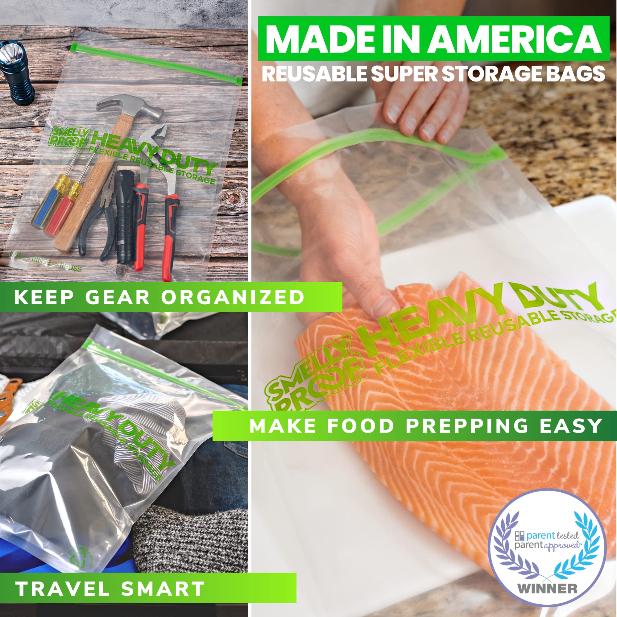 REUSABLE STORAGE BAGS by Smelly Proof, Extra Large HEAVY DUTY 5-mils US-Made, BPA FREE Dishwasher-Safe Ziplock Reusable Freezer Bags Triple Zip CLEAR FLAT XXL 2-Gallon 12" x 16" - 5pk