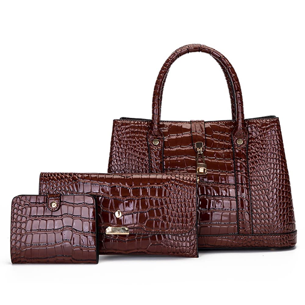 Retro Messenger Lock Bag Fashion Shoulder Handbags Three-piece Bags Crocodile Pattern Purses Female Top Handle Tote (Brown)