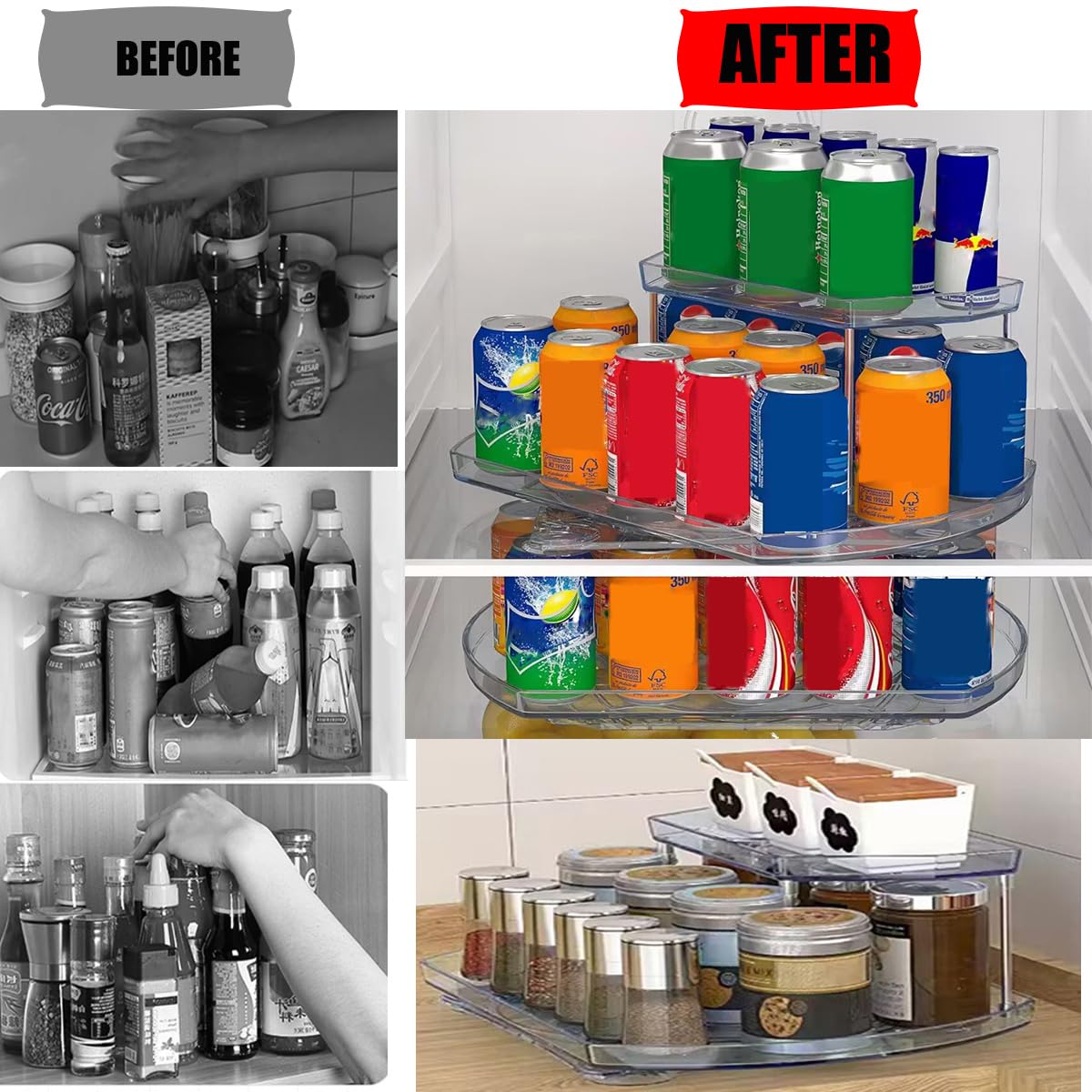 LIECHO Double-Deck Clear Rectangular Turntable Organizer for Refrigerator,Lazy Susan Spinning Food Storage Container for Spices,Condiments, Beer Beverage ,16.54 Inches