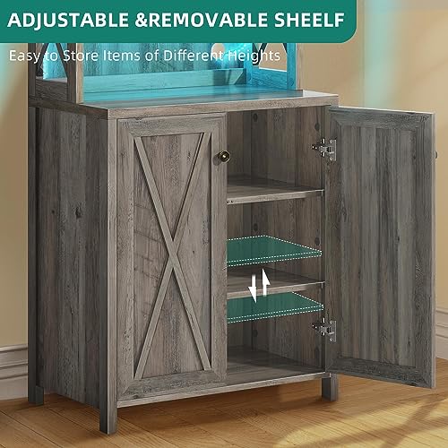 YITAHOME Bar Cabinets with LED Light, Coffee Bar Liquor Cabinet with Glass Holder, Tall Buffet Wine Cabinet with Storage for Kitchen, Dining Room, Rustic Grey Wash