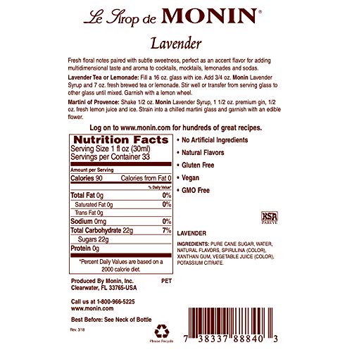 Monin - Lavender Syrup, Aromatic and Floral, Natural Flavors, Great for Cocktails, Lemonades, and Sodas, Non-GMO, Gluten-Free (1 Liter)