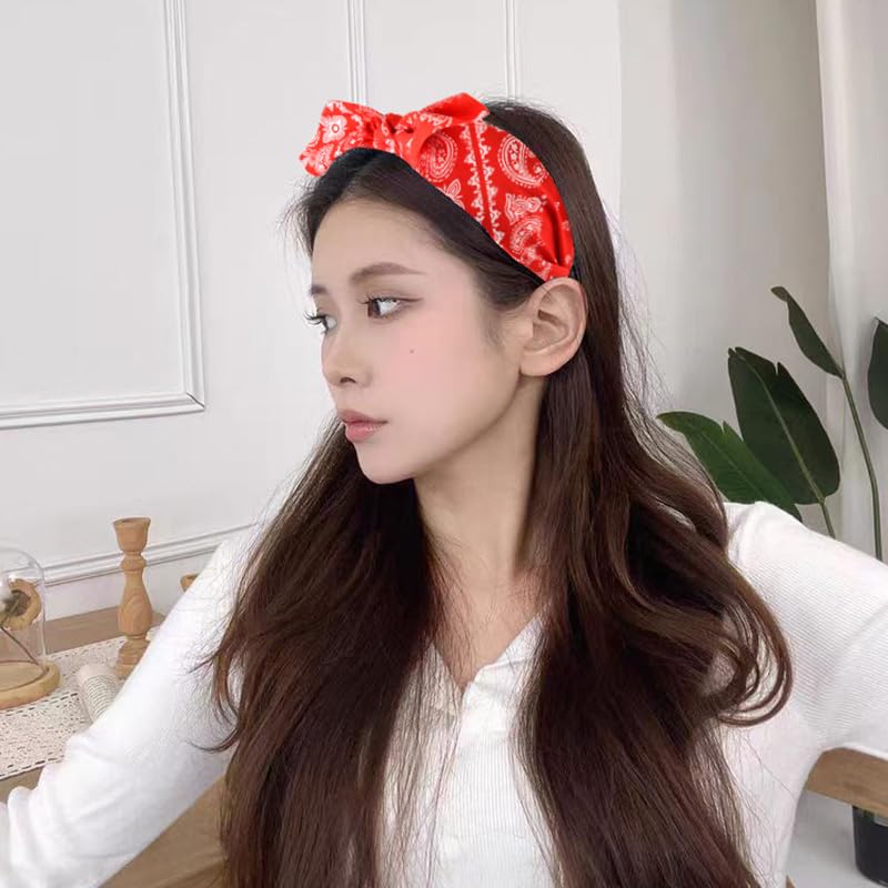 Red Boho Paisley Bandana Hair Bands with Knotted Bow and Rabbit Ear Headbands for Women and Girls - Non-Slip Headbands
