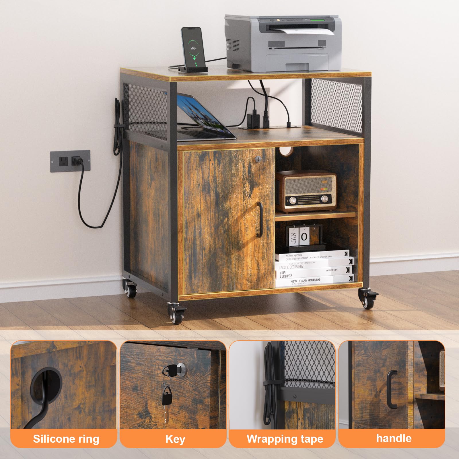 LOWOSA Braking Wheels Filing Cabinet with Lock, File Cabinets with Charging Station, Printer Stand with Storage for Office Home, A4 Letter Size File Folders