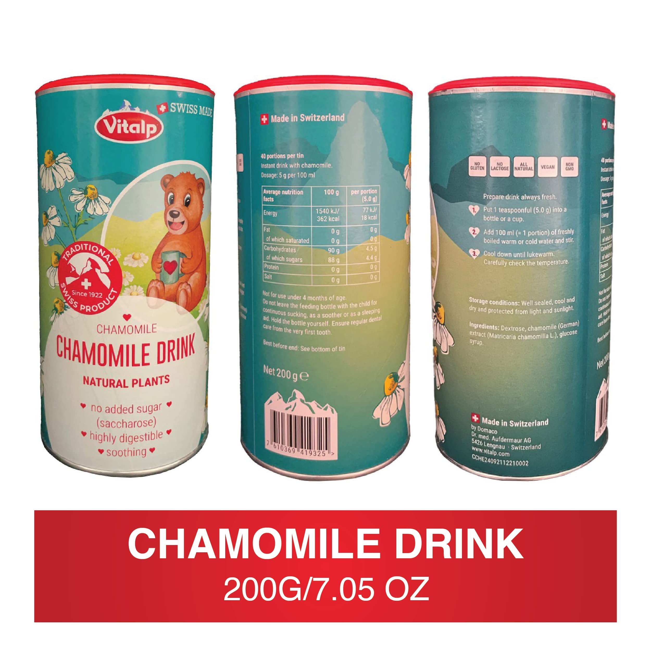 Vitalp Chamomile Drink, Swiss Made, Instant Tea for Babies and Children, 7.05 Ounce Container