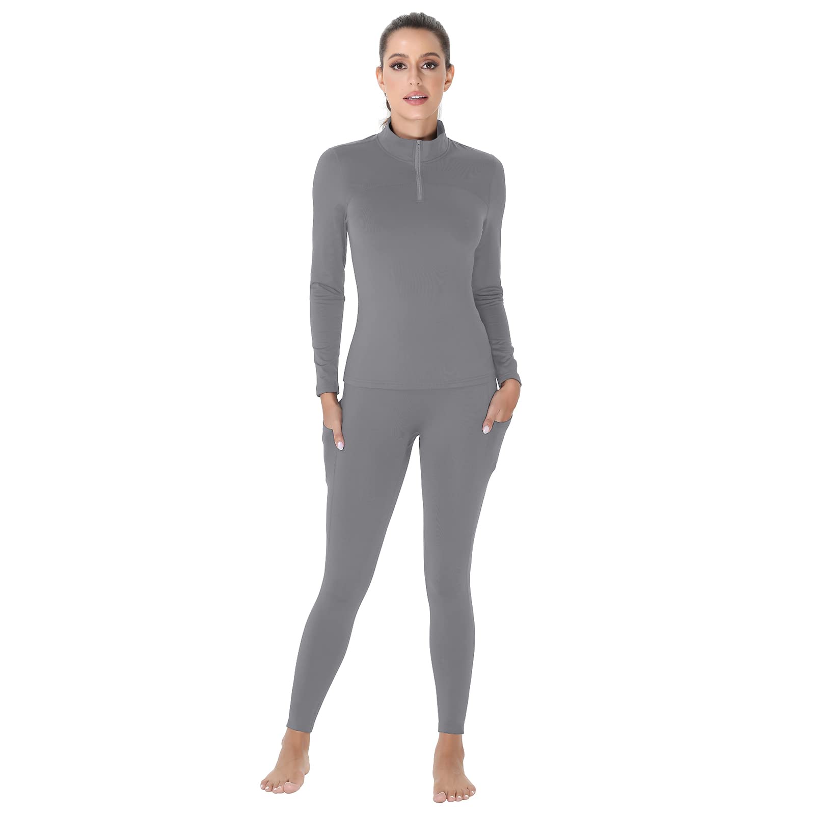 Odoland Thermal Underwear for Women, Winter Warm Skiing Base Layer Set Mock Turtleneck Sport Top & Bottom Light Grey
