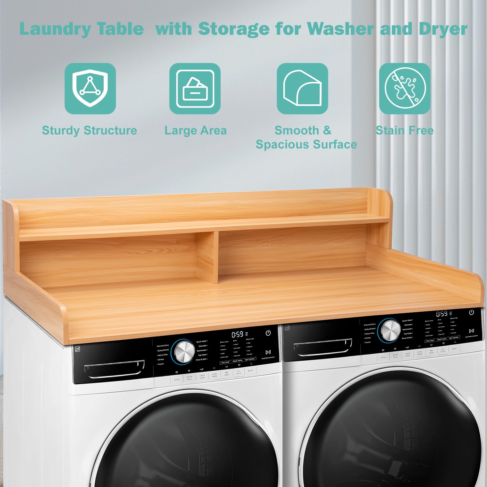 Yakucho Laundry Countertop with 2-Layer Shelves, Universal Front Load Washer and Dryer Countertop Kit with Storage Space, Solid Wood Countertop for Small Apartment Laundry Rooms Kitchens