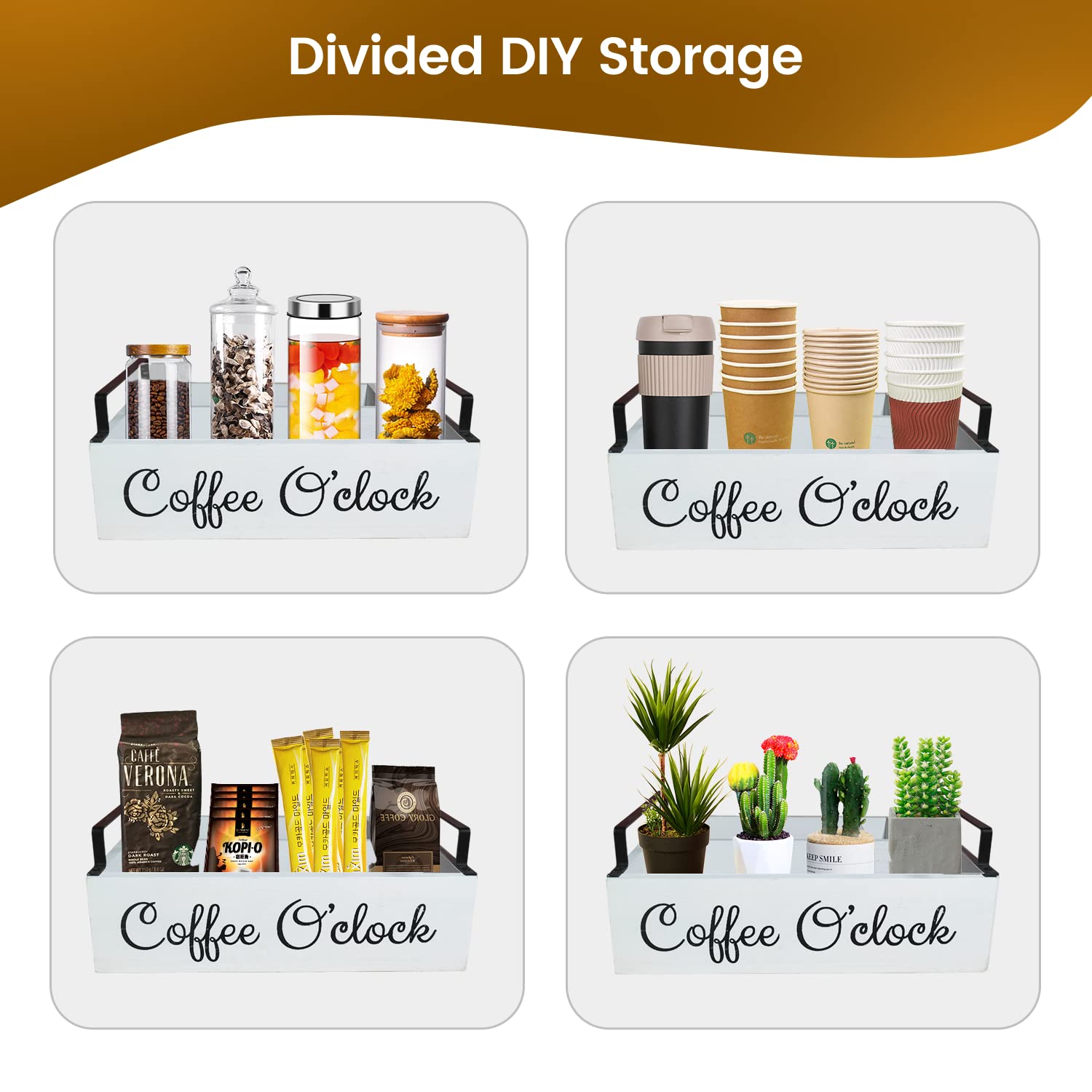 QUALLON Coffee Station Organizer with Small Removable Dividers, Wooden Coffee Bar Accessories Storage For Countertop, Farmhouse Kcup Coffee Pod Holder Basket With Handle For Coffee Lover - white