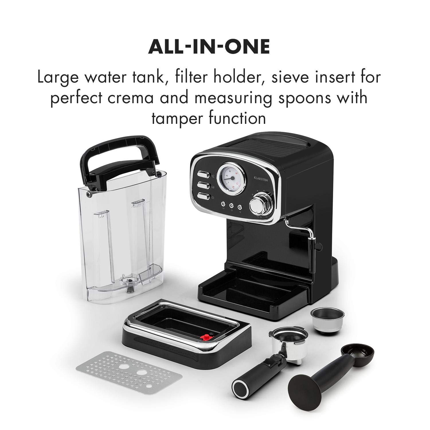 KLARSTEIN Espressionata Gusto - Espresso Maker, 20 Bar Pump Pressure, 1100 Watts, Makes 6 cups (0.3 gallon), Removable Stainless-Steel Drip Grid, Dishwasher-Safe Drip Tray, Retro Look, Black