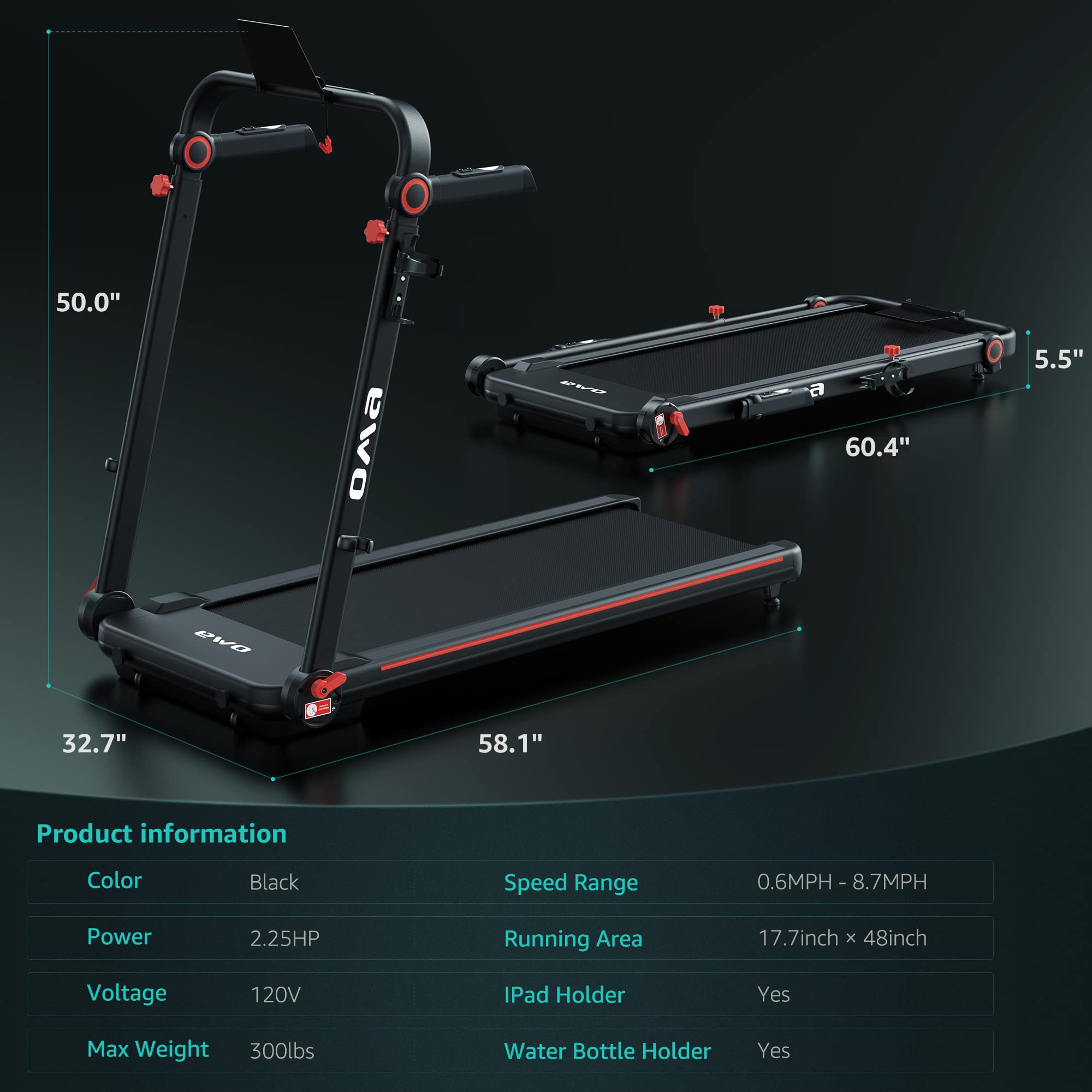 OMA 1012EB Folding Treadmill for Small Spaces Foldable Portable Compact Walking Running Treadmills for Home Gym with 2.25HP 300lb Weight Capacity 48"x17.7" Extended Belt IPad Holder 36 Preset Programs