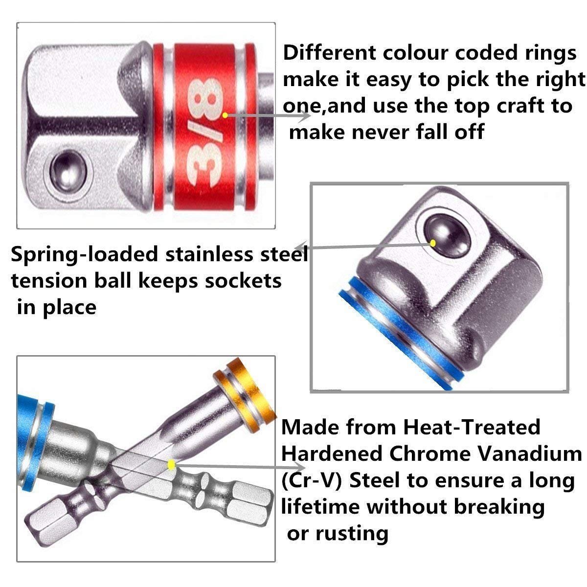 Tools Impact Socket Adapter Set 3pcs Joint Socket 1/4 3/8 1/2 In Hand Power Wrench Ratchet Drill Adapter/Extension Set Turns Power Drill Into High Speed Nut Driver with Right Angle Drill Adaptor